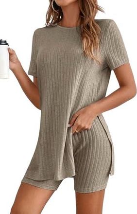 TOMWELL Survetement Femme Col Rond 2 Pièces Ensemble Manches Courtes Décontracté Loungewear Sportswear Deux Pièces A Kaki L