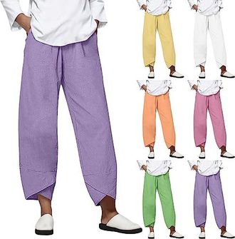Generic Pantalon d&eacute;t&eacute; droit pour femme - Taille haute - En coton - D&eacute;contract&eacute;, C-violet, 4XL