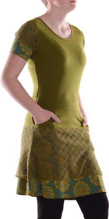 vishes Alternative Bekleidung - Damen A-Linie Kleid Baumwolle Blumen-Muster mit Taschen Olive 38