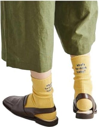 Generico Chaussettes en coton avec lettre brod&eacute;e, chaussettes de printemps mi-mollet pour femme (2 paires), jaune, 35-40