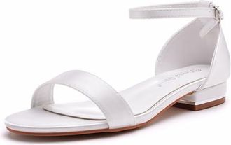Generic Chaussures De Mariage Sandales &Agrave; Bout Ouvert pour Femmes Femme Satin Mariee Chaussures Plats 2Cm Confortable Talon Bas Sandals,Ivory White,37 EU