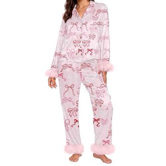 Generic Ensemble de pyjama en satin pour femme - V&ecirc;tement de nuit imprim&eacute; coeur - Haut et pantalon boutonn&eacute;s - Tenue 2 pi&egrave;ces - Pyjama en soie doux et confort