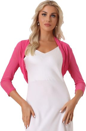 Allegra K Damen Bolero Festlich 3/4 &Auml;rmel R&uuml;schen Mesh Durchsichtig Crop Strickjacke Shrug Boleros Rose Rot S