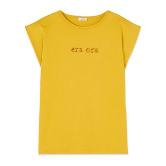 Oltre T-Shirt mit gesticktem Schriftzug - - Tops - Damen - Gelb - XS