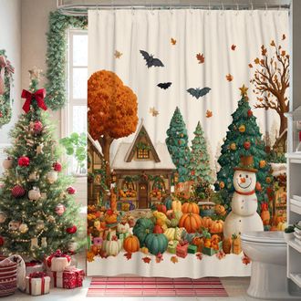 Generic Snow Man Duschvorhang, extra lang, Winter, festlicher Kürbisbaum, Halloween, Orange, wasserdichter Stoff, dekorativer Badezimmer-Vorhang, Dekoration f