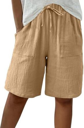 Generic Short chino dété en coton pour femme, taille haute, longueur genou, pantalon décontracté à jambe large avec poches, cordon de serrage élastique, éléga