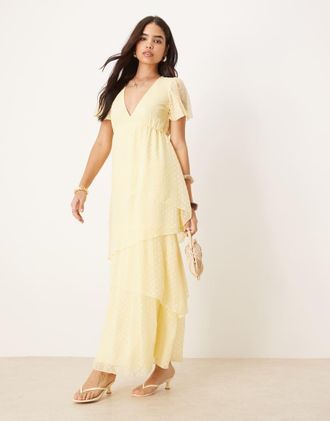 Vila Gestuftes, kn&ouml;chellanges Kleid in Blassgelb mit Punktestruktur