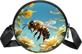 Generic Sac &agrave; bandouli&egrave;re rond pour femme, motif abeille, petit sac &agrave; bandouli&egrave;re avec fermeture &eacute;clair, bretelles r&eacute;glables, sac &agrave; main rond d&eacute;contract&eacute; pour