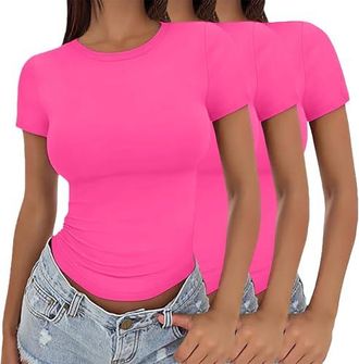Generic Lot de 3 t-shirts &agrave; manches courtes pour femme - Maillot de corps basique court - T-shirts d&eacute;t&eacute; Y2K - Couleur unie - Coupe ajust&eacute;e - Pour adolescentes