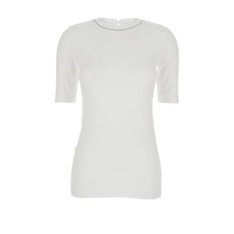 Brunello Cucinelli Geripptes T-Shirt mit 3/4-&Auml;rmeln - - Knitwear - Damen - Wei&szlig; - S