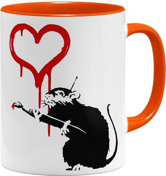 OM3 Love Heart Rat Banksy Tasse - Keramik Becher - 11oz 325ml - Beidseitig Bedruckt - Orange
