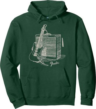 Fender Guitar Resting On Amplifier Retro Outline Image Pullover Hoodie