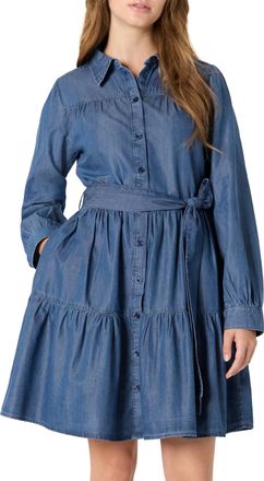 Amazon Essentials Damen Fit and Flare Langärmliges Gestreiftes Jeanshemdkleid Chambray, Klassische Mittlere Waschung, XXL