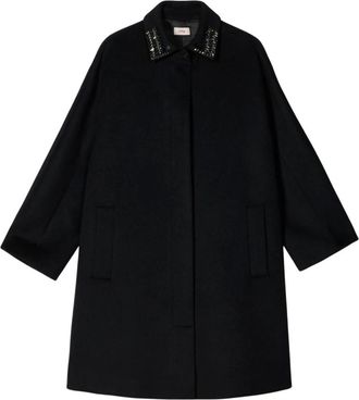 Oltre Femme, Manteaux, Noir, Taille: 42/44 FR Manteau en laine m&eacute;lang&eacute;e avec col bijou