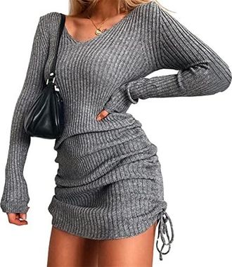 Onsoyours Robe Pull Femme Col Rond Chic Robe Moulante en Tricoté Tricot Manches Longues Tunique Robe Au Crayon Sweater Casual Mini Robe avec Cordon De Serrage C