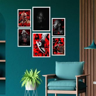 Nacnic 6er-Set Ikonisches Jordan Grafiiti Rot und Schwarz Gerahmtes Poster mit Design-Illustrationen zur Dekoration der W&auml;nde Ihres Zuhause Zimmer B&uuml;ro Laden