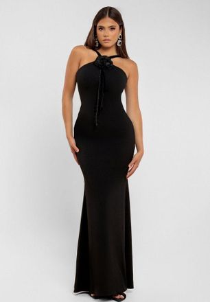 Goddiva Maxikleid Racer Neck Corsage Scuba Maxi langes Kleid