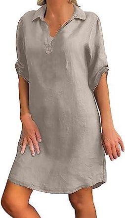 Generic Robe dété en lin pour femme - Col en V - Manches courtes - Ligne A - Robe dété - Robe en lin - Couleur unie - Vintage - Robe chemisier italienne - Rob