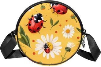 Generic Sac &agrave; bandouli&egrave;re rond pour femme, motif coccinelles, fleurs, petit sac &agrave; bandouli&egrave;re avec fermeture &eacute;clair, bretelles r&eacute;glables, sac &agrave; main rond d&eacute;co