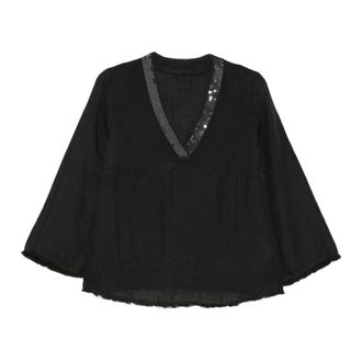 120% Lino Femme, Blouses et Chemises, Noir, Taille: 38 FR Blouse &agrave; encolure en V orn&eacute;e de sequins