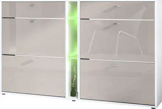 Vladon Meuble &agrave; Chaussures &agrave; Bascule Today 155,5 x 95 x 28 cm, avec Un &eacute;clairage LED RGB, Corps en Blanc Mat, fa&ccedil;ades en Gris Sable Haute Brillance