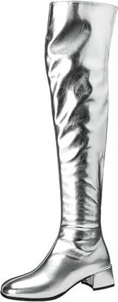 Generic MiaZane Bottes M&eacute;talliques Femme sur Le Genou Talon Bloc Fermeture &Eacute;clair D&eacute;claration de Mode Finition Brillante Bottes Hautes pour Soir&eacute;e Tenue Stree