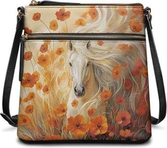 Coloranimal Sac &agrave; bandouli&egrave;re pour femme - Sac &agrave; bandouli&egrave;re &agrave; fermeture &eacute;clair - Sac &agrave; bandouli&egrave;re l&eacute;ger en cuir synth&eacute;tique, Cheval blanc floral