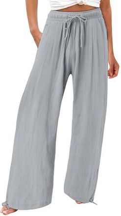 Generic Pantalon en coton et lin pour femme - Jambe large - Pantalon de plage d&eacute;t&eacute; confortable - Pantalon de yoga Palazzo - XIYU26078, gris, XXL