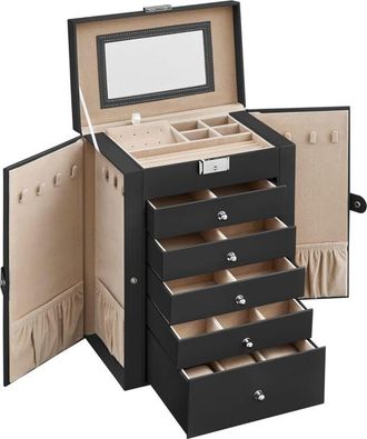 Songmics Bo&icirc;te &agrave; Bijoux 6 Niveaux, &Eacute;crin &agrave; Accessoires, Coffre, 5 Tiroirs, Miroir, Serrure, Rangement Bijoux, Surface Noir dEncre, Doublure Beige Sable