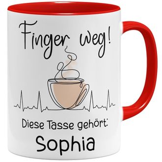 OM3 bedruckte Kaffee-Tasse mit Spruch - Finger weg diese Tasse geh&ouml;rt Wunschname - personalisierbar | Keramik Becher | 325ml | Beidseitig Bedruckt | Rot