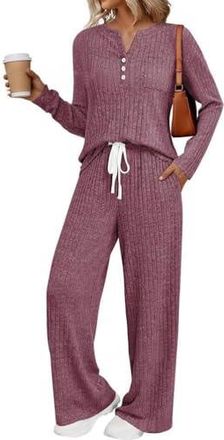 TOMWELL Pyjama Femme Hiver Ensemble Chic et Elegant Manches Longue Shirt et Pantalon &agrave; Jambes Larges A Vin Rouge M