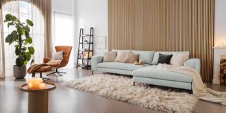 Studio Copenhagen home24 Ecksofa mit Longchair Silber Webstoff Caya 315 x 83 x 170cm Longchair davorstehend rechts mit Schlaffunktion ohne Hocker Modern