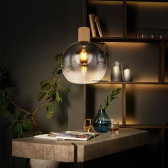 ETC Shop Suspension table &agrave; manger bois lampe de table &agrave; manger lampe de salle &agrave; manger industrielle suspension, m&eacute;tal verre fum&eacute;, 1x douille E27, DxH 25x120