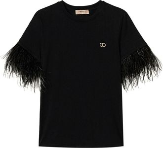 Twin-Set T-Shirt mit Federn - Schwarz