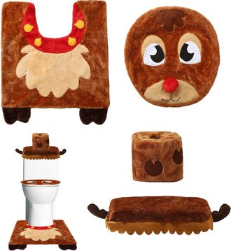 Generic Weihnachts-WC-Sitzbez&uuml;ge, 4-teiliges Set mit Eichh&ouml;rnchen und Teppich - Weihnachtsdekorationsset f&uuml;r Badezimmer, weiche, rutschfeste Badezimmer-Sets f