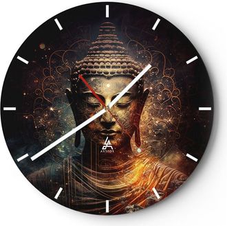 Arttor Modern Wanduhr Buddha Meditation Religion 40x40cm Rund Groß Wand Uhr Glas Analog Zimmeruhren Küche Büro Wohnzimmer Glasuhr Wall Clock Dekoration Desig