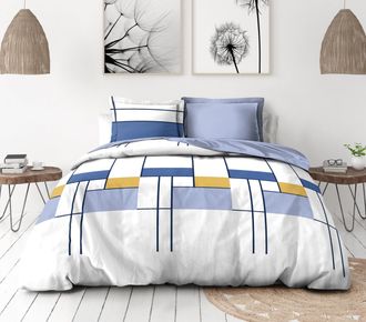 LE CLOS DES SONGES Bettw&auml;sche 200 x 200 cm - 3-teilig - weiches Baumwollperkal - Bettbezug + Kissenbez&uuml;ge - Wei&szlig; & Indigoblau - Modell Indigo - Modell Intrigante