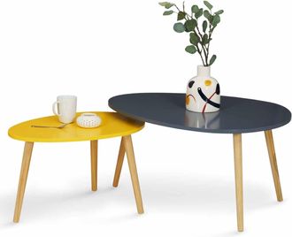 IDMarket Set mit 2 Couchtischen Gaia, lackiert, Grau / Gelb, Skandinavisch