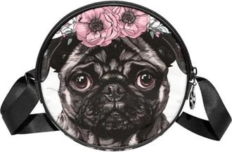 Generic Sac &agrave; bandouli&egrave;re rond pour femme, carlin, fleurs, petit sac &agrave; bandouli&egrave;re avec fermeture &eacute;clair, bretelles r&eacute;glables, sac &agrave; main rond d&eacute;contract&eacute; pou