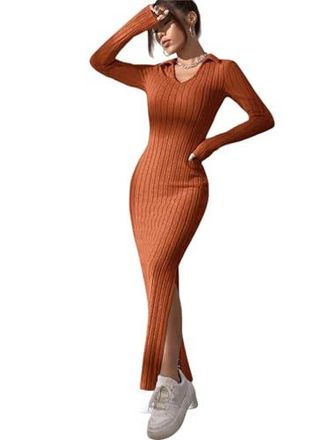 Generic Robe pull moulante mi-longue &agrave; manches longues en tricot torsad&eacute; c&ocirc;tel&eacute; col en V pour femme, Orange, XXL