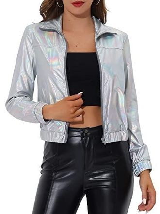 Allegra K Veste de survêtement pour femmes Holographic Brillant à manches longues Veste métallique Zip Front Argent Clair S