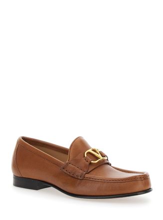 Valentino Garavani Womens Loafers Beige Leather With Vlogo Signature Brown Buffalo