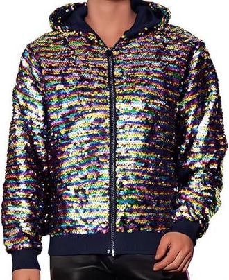 Generico WAZHAKU Veste pour homme - &Agrave; paillettes - &Agrave; capuche - Paillettes - Streetwear - Large - Color&eacute;e - R&eacute;tro - Y2K - Pour festival, f&ecirc;te, carnaval, mi-sais