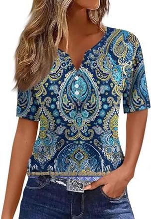 Generic Chemise Femme Chic Et Élégant,Tunique Femme T-Shirt Femme Imprimé Bouton Manches Courtes Quotidien Week-End Basique Col en V Haut Régulier Blouse Chic