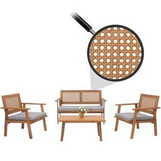 Mendler Garten-Garnitur HWC-N46, Lounge-Set Gartenlounge Bank Sessel Tisch, Holz Akazie MVG-Zertifiziert - Kissen grau