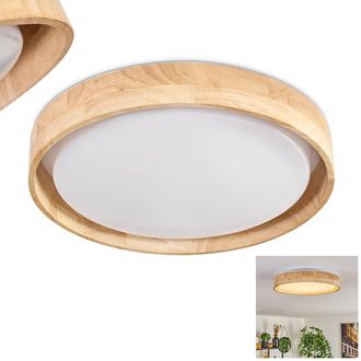 HOFSTEIN LED Deckenleuchte Tabernas, Deckenlampe aus Holz/Metall/Kunststoff in Natur/Weiß, Leuchte im skandinavisch/modernen Design mit rundem Schirm (Ø 30,5cm