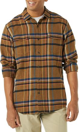 Amazon Essentials Herren Flanellhemd mit 2 Taschen und Langen Ärmeln in normaler Passform, Tabakbraun Karomuster, XXL