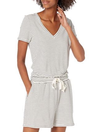 Amazon Essentials Damen Kurzärmeliger Playsuit mit V-Ausschnitt aus Superweichem Terry-Frottee (Früher Daily Ritual), Schwarz Weiß Thin Stripe, L