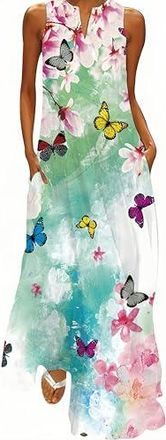 Ocean Plus Femmes Jupe Longue sans Manches Col V Robe Florale Imprimée Maxi Robe sans Manches avec Col en V (5XL, Kirschblüten und Schmetterlinge)