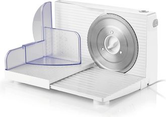 Gourmetmaxx Allesschneider 150W Wei&szlig; | Elektrisch mit Edelstahl-Klinge & Fingerschutz | F&uuml;r Brot, Wurst, K&auml;se, Fleisch & Gem&uuml;se | Schnittst&auml;rke 1,5-15 mm | Klinge